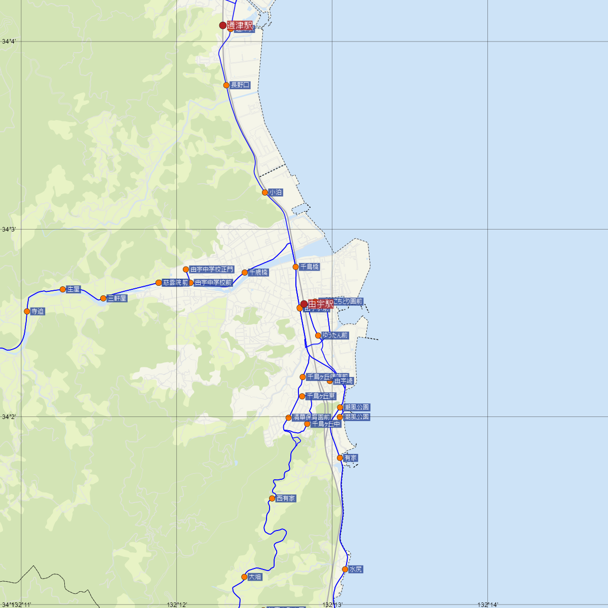 由宇駅周辺のバス路線図（JR西日本）